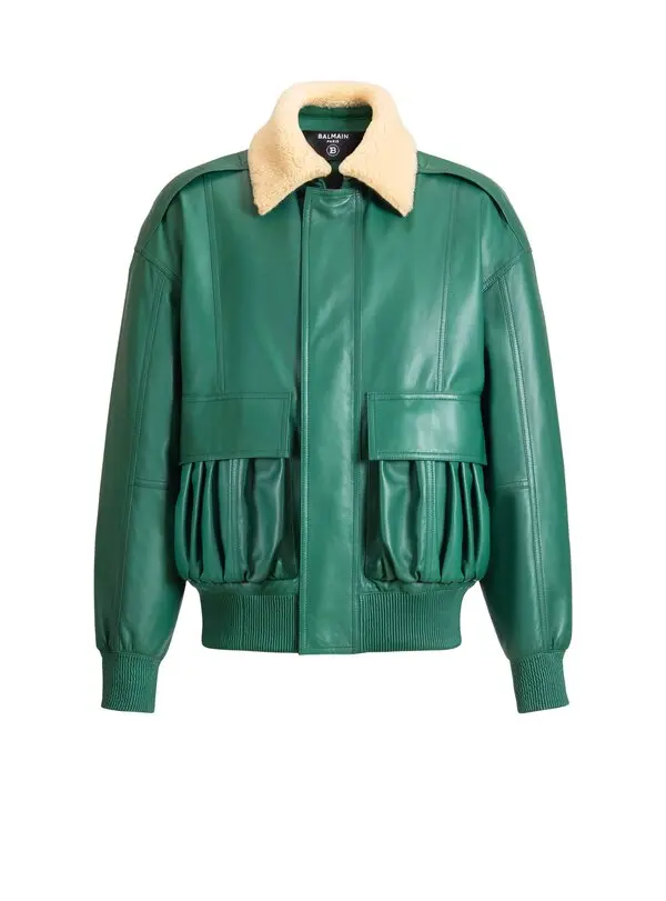 Balmain Shearling Leather Bomber Jacket - Green