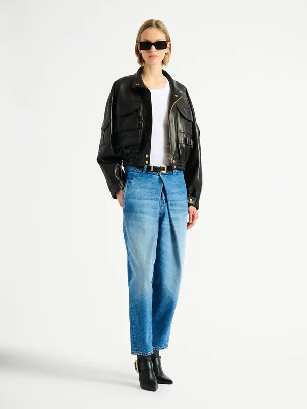 Balmain Lambskin Leather Cropped Bomber Jacket