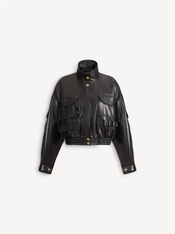 Balmain Lambskin Leather Cropped Bomber Jacket