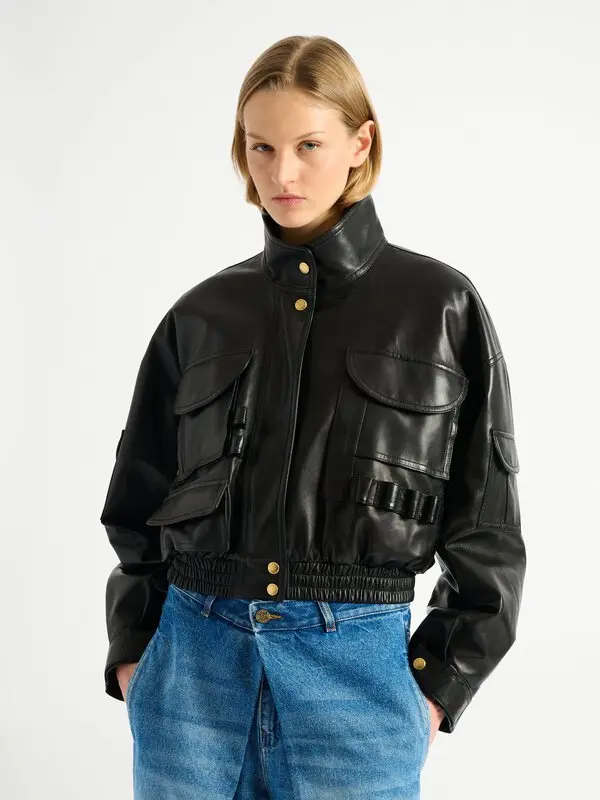 Balmain Lambskin Leather Cropped Bomber Jacket