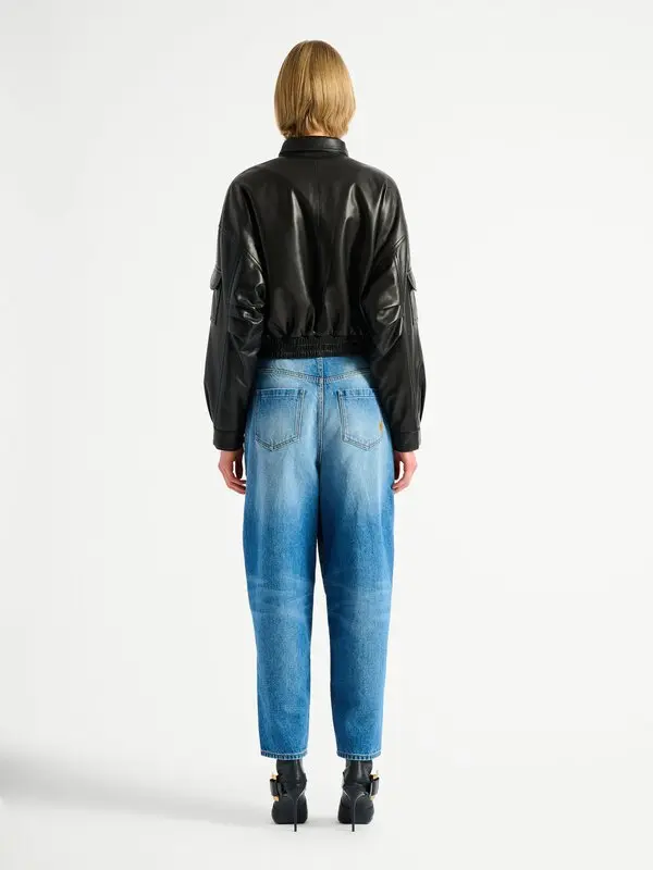 Balmain Lambskin Leather Cropped Bomber Jacket