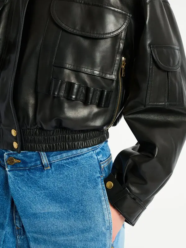 Balmain Lambskin Leather Cropped Bomber Jacket