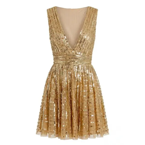 Mac Duggal Sleeveless Embellished V-neck Mini Dress - Gold