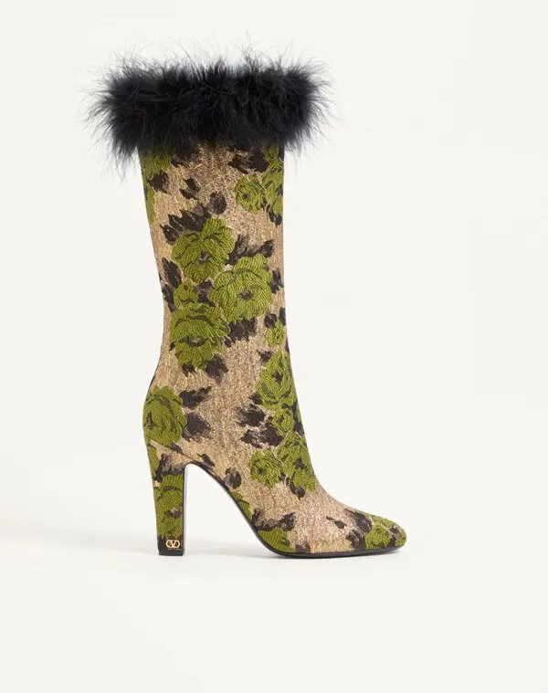 Valentino Garavani Hotty Boot In Lurex Jacquard Fabric And Feathers 100mm - Gold/green
