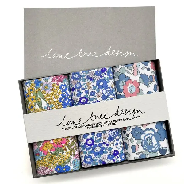 LIME TREE DESIGN Three Hankies Made With Liberty Fabric Cornflower - Blue