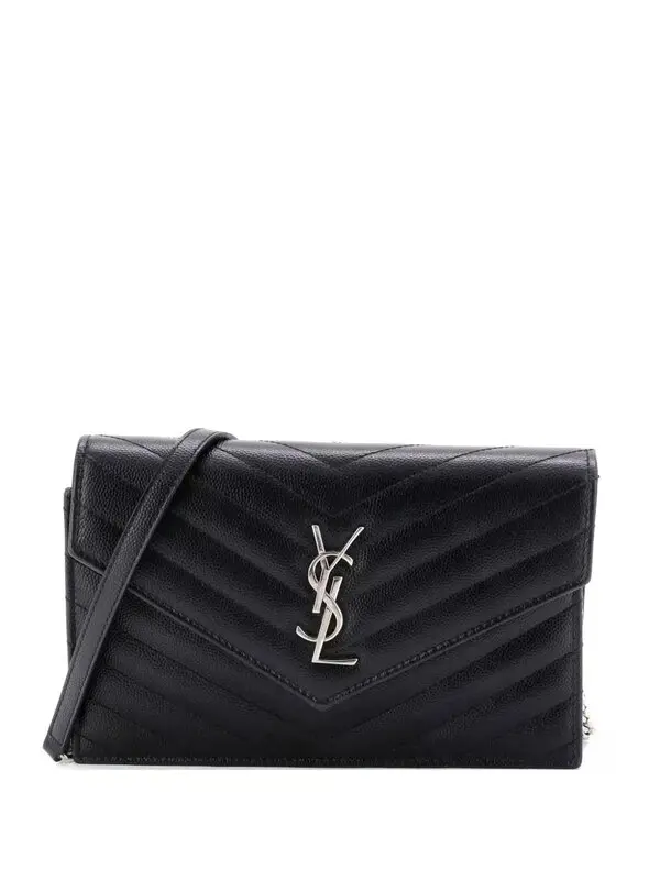 Saint Laurent Classic Monogram Wallet On Chain Matelasse Chevron Leather Small Crossbody Bag - Black