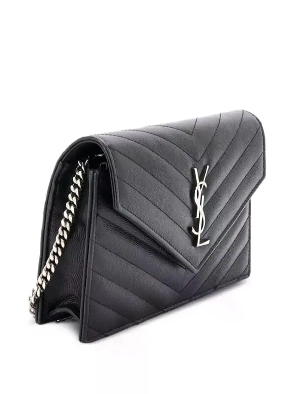 Saint Laurent Matelassé Chevron Leather Monogram Wallet On Chain - Black