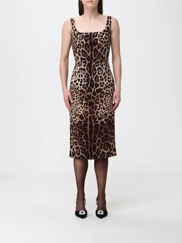 Dolce & Gabbana Animal Print Silk Midi Sheath Dress - Brown
