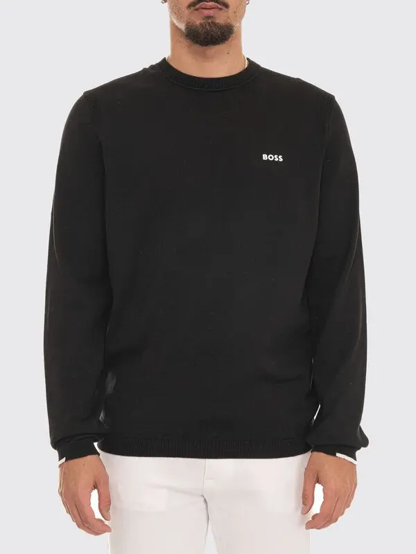 BOSS Slim Fit Cotton Crew-neck Jumper With Contrasting Logo - Black