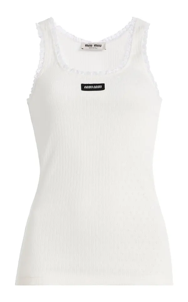 Miu Miu Pointelle Knit Cotton Tank Top With Lace Trim - White