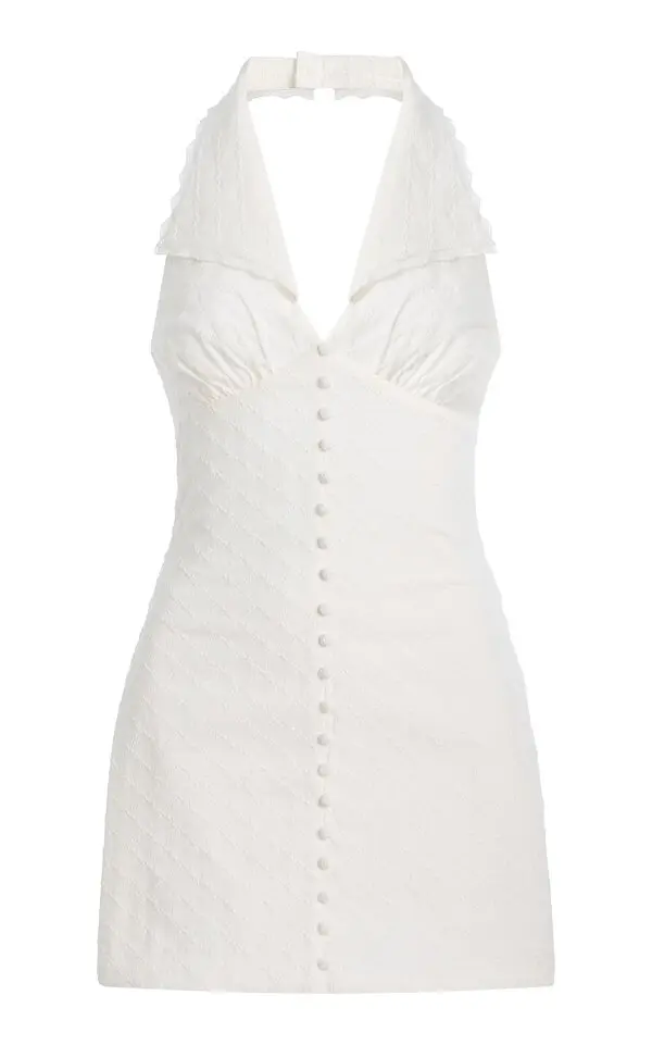 MIRROR PALAIS Collared Halterneck Cotton Eyelet Mini Dress - White