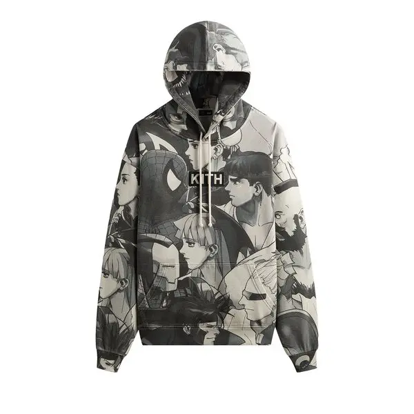 Kith X Marvel Vs. Capcom Fighter All-over Printed Vintage Nelson Hoodie 'sandrift - Black