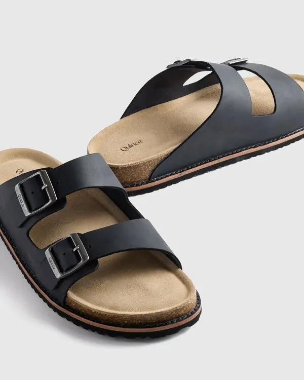 Quince Nubuck Leather Double Buckle Slide Sandals - Black