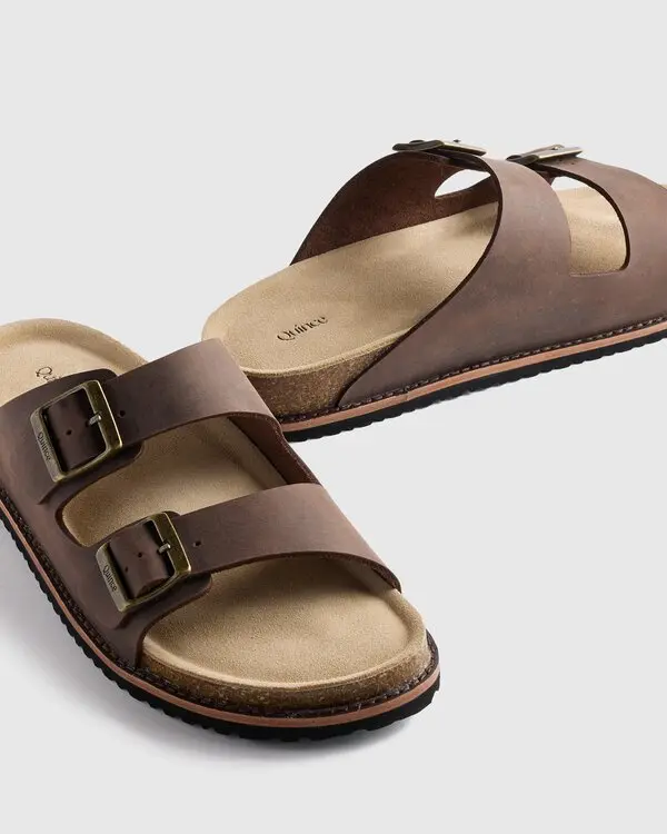 Quince Nubuck Leather Double Buckle Slide Sandals - Mahogany