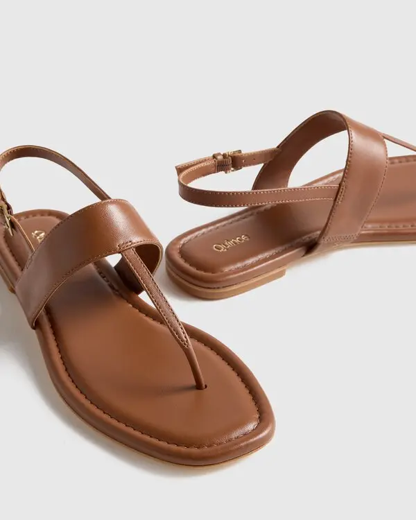 Quince Italian Leather T-strap Sandal - Cognac
