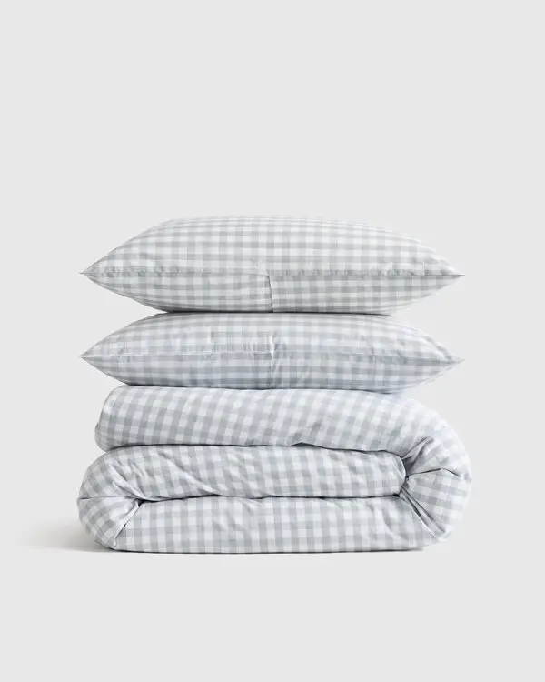 Quince Organic Crisp Percale Gingham Duvet Cover Set - Blue Fog