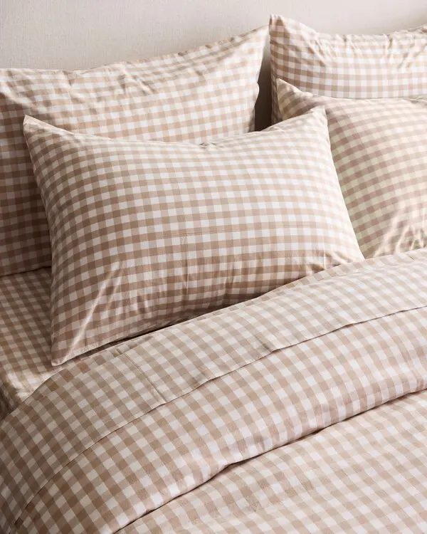 Quince Organic Crisp Percale Gingham Duvet Cover Set - Cafe