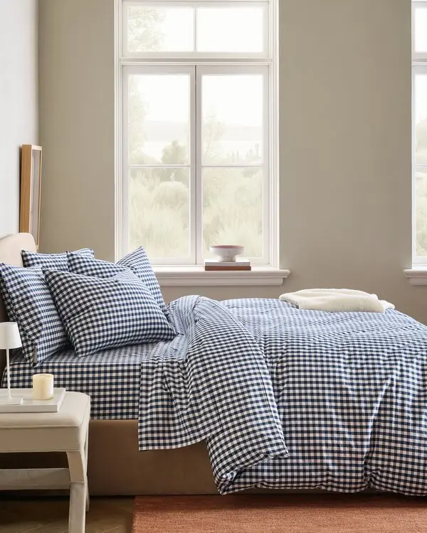 Quince Organic Crisp Percale Gingham Duvet Cover Set - Navy