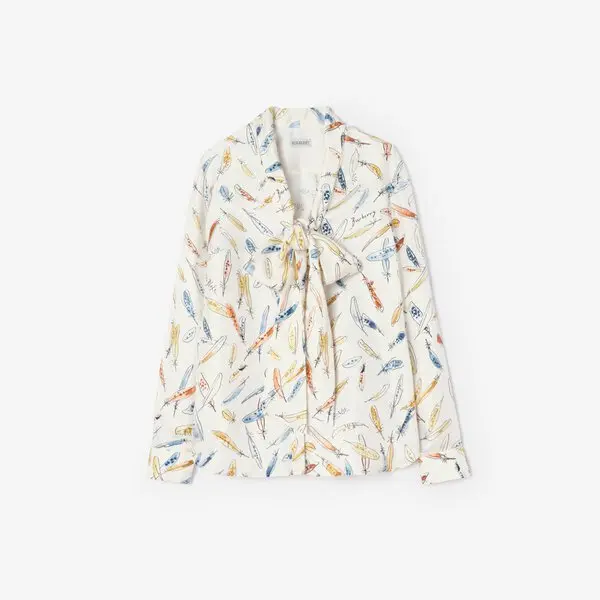 Burberry Silk Twill Feather Print Blouse With Tie Detail