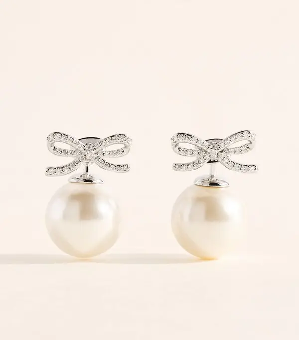 SELF-PORTRAIT Crystal Embellished Bow And Faux Pearl Drop Earrings - Silver