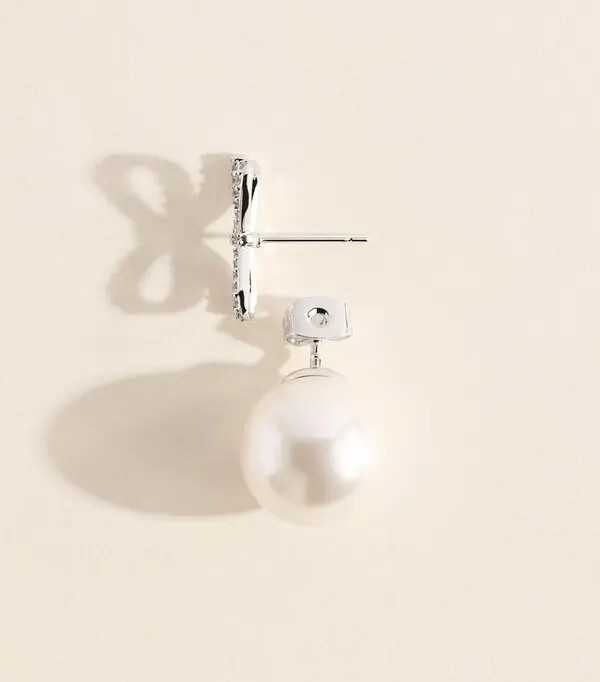 SELF-PORTRAIT Crystal Embellished Bow And Faux Pearl Drop Earrings - Silver