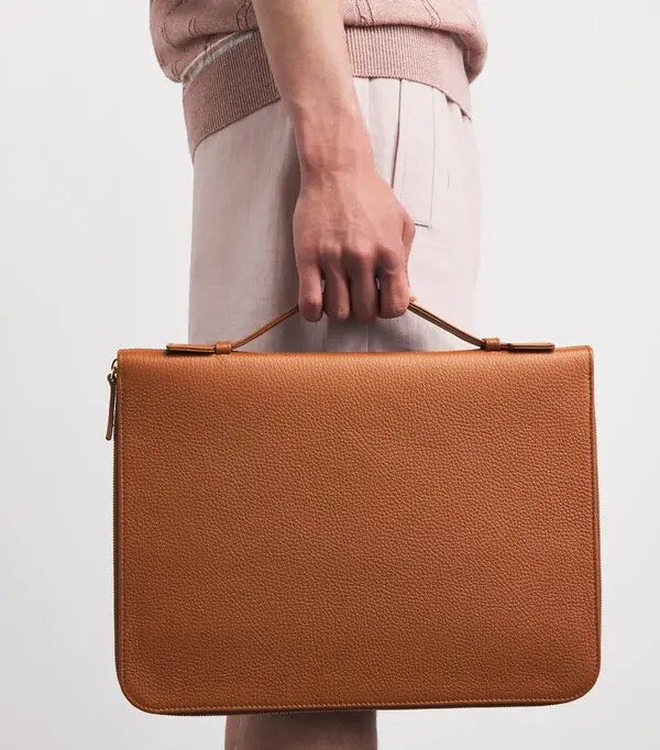 Eleventy Deer Print Calfskin Leather Laptop Bag With Top Handle