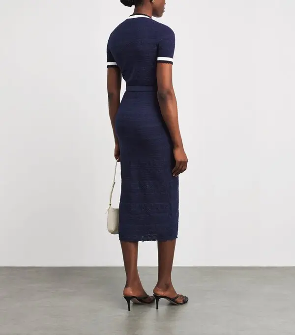 SELF-PORTRAIT Knitted Belted Midi Dress With Contrast Piping And Bow Detail