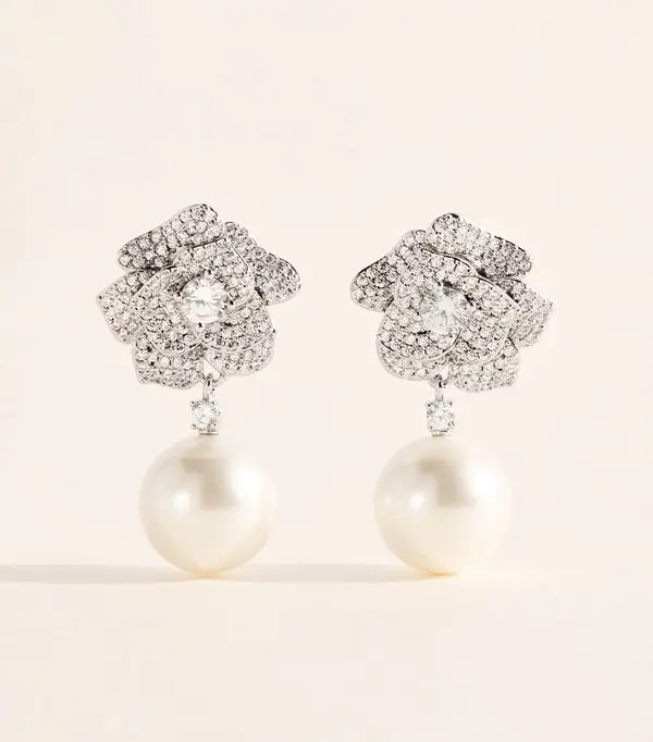 SELF-PORTRAIT Crystal And Faux Pearl Flower Drop Earrings - Silver