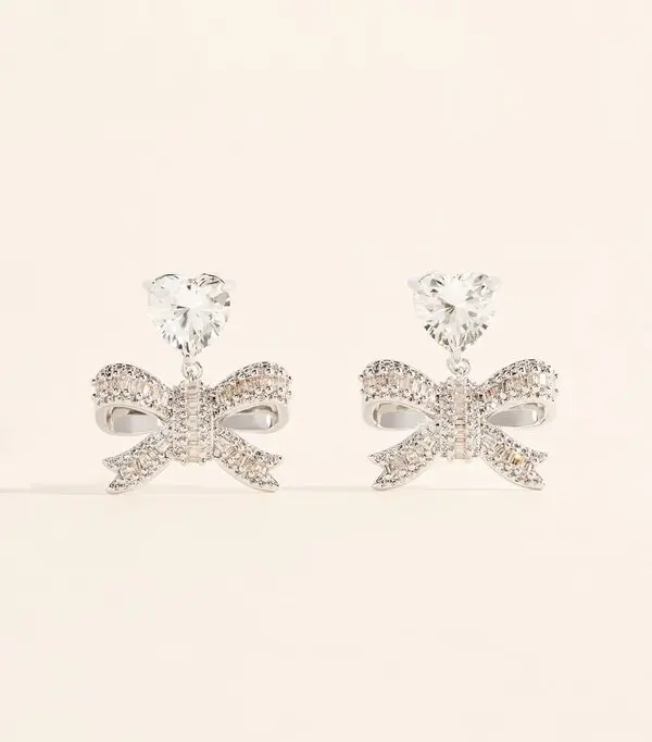 SELF-PORTRAIT Crystal Heart Bow Drop Earrings - Silver