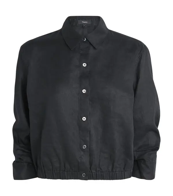 Theory Cropped Linen Shirt With Elasticated Waistband - Black