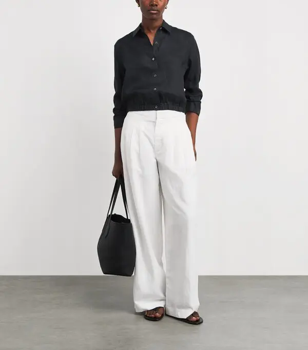 Theory Cropped Linen Shirt With Elasticated Waistband - Black