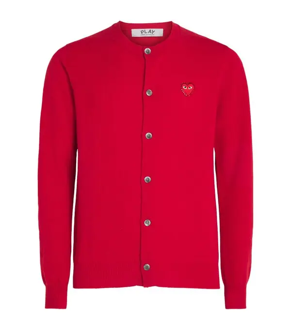 Comme Des Garçons Wool Rhinestone Heart Logo Cardigan - Red