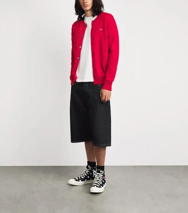 Comme Des Garçons Wool Rhinestone Heart Logo Cardigan - Red