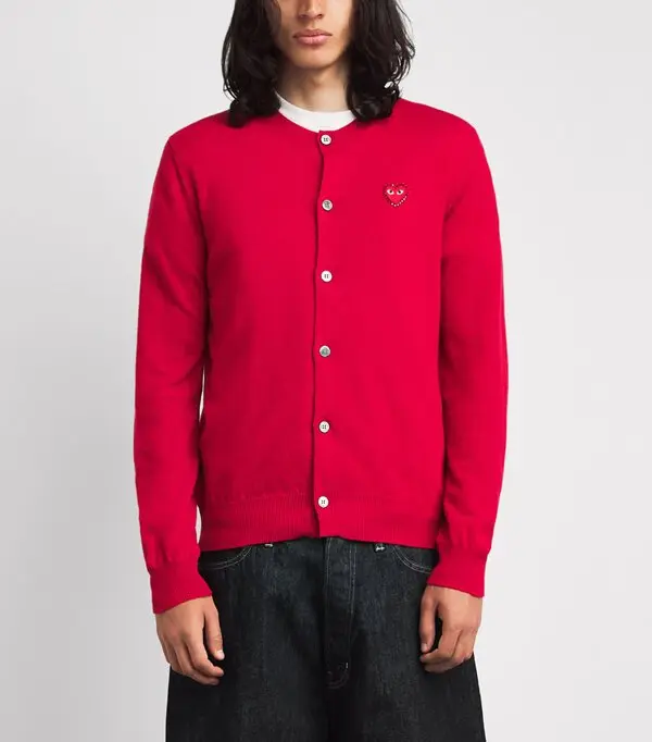 Comme Des Garçons Wool Rhinestone Heart Logo Cardigan - Red