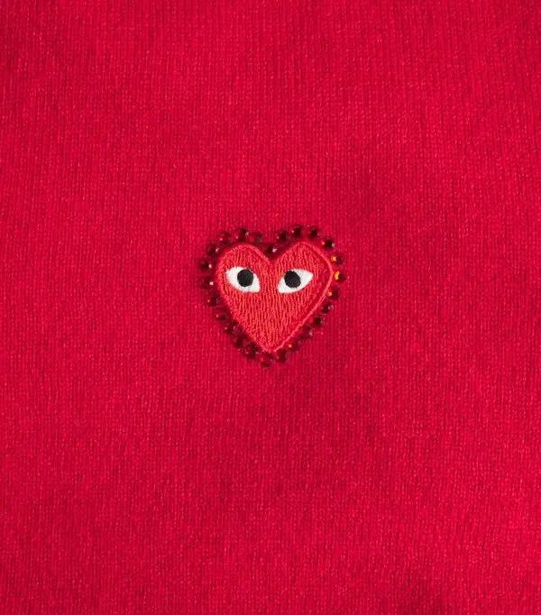 Comme Des Garçons Wool Rhinestone Heart Logo Cardigan - Red