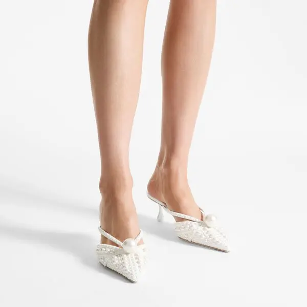 JIMMY CHOO Sana Mule 50 White Satin Pearl Embellished Pointed Toe Mules - Neutral