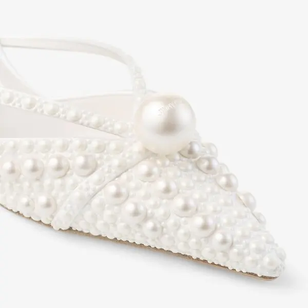 JIMMY CHOO Sana Mule 50 White Satin Pearl Embellished Pointed Toe Mules - Neutral