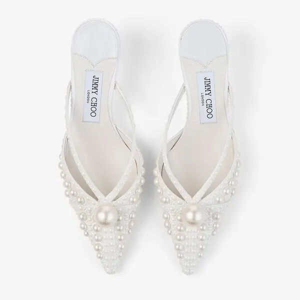 JIMMY CHOO Sana Mule 50 White Satin Pearl Embellished Pointed Toe Mules - Neutral