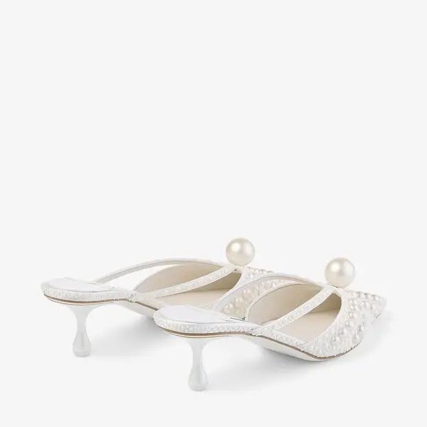 JIMMY CHOO Sana Mule 50 White Satin Pearl Embellished Pointed Toe Mules - Neutral