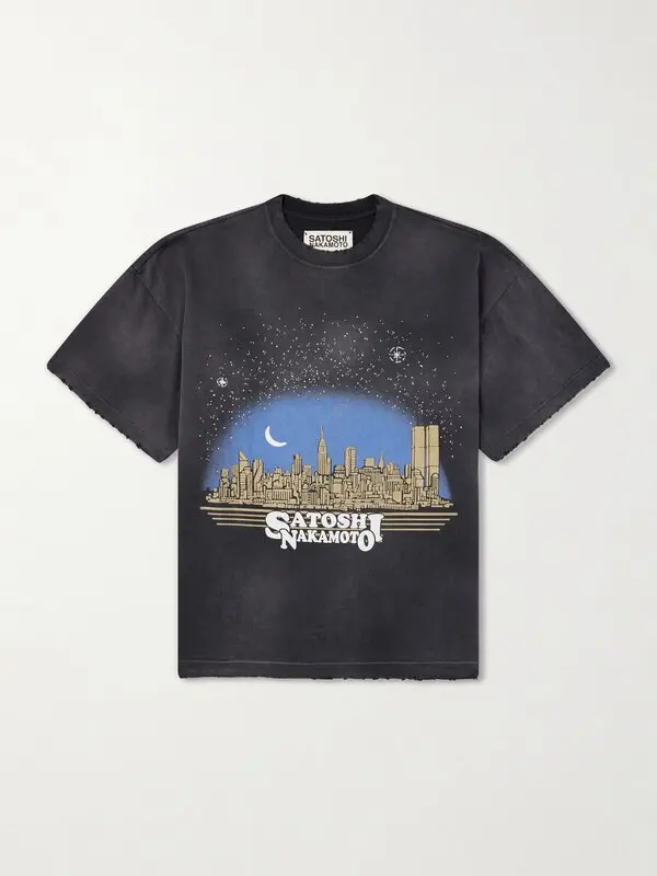 SATOSHI NAKAMOTO Tourist Logo-print Distressed Cotton-jersey T-shirt - Black