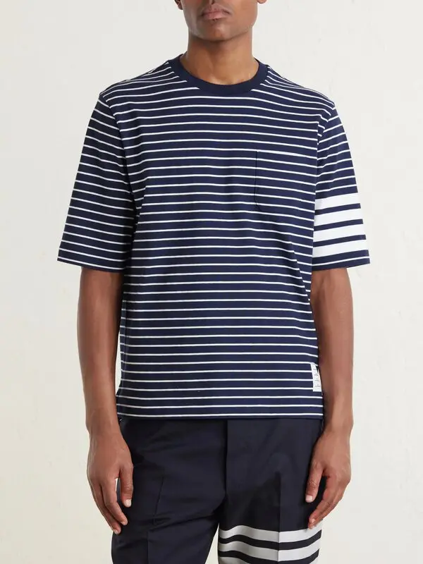Thom Browne Striped Cotton T-shirt - Blue