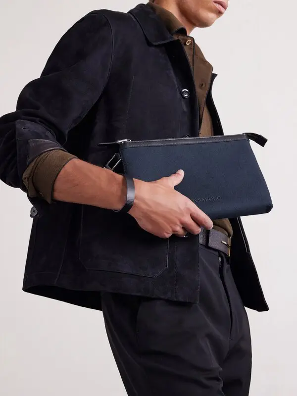 TOM FORD Canvas Pouch With Leather Trim - Blue
