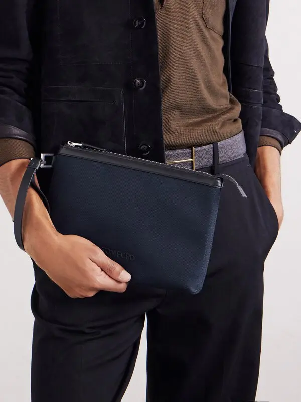 TOM FORD Canvas Pouch With Leather Trim - Blue
