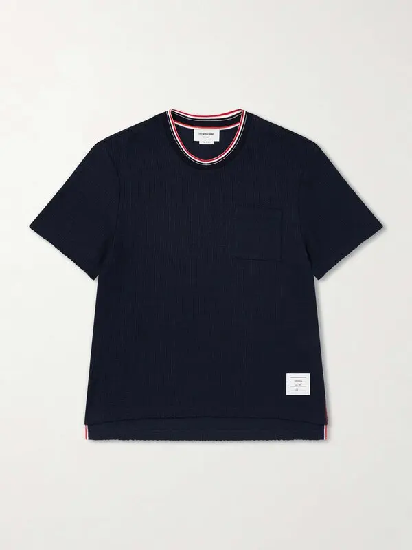 Thom Browne Pointelle-knit Cotton And Linen-blend T-shirt - Navy