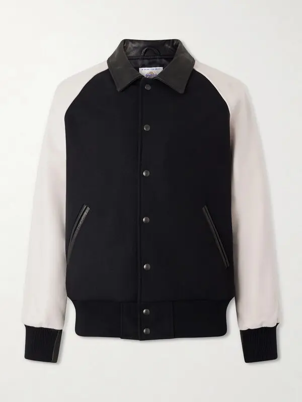 Golden Bear Collared Raglan Leather Trimmed Wool-blend Bomber Jacket - Black