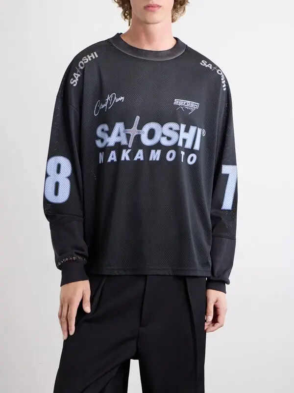 SATOSHI NAKAMOTO Moto" Logo-print Mesh Long Sleeve T-shirt