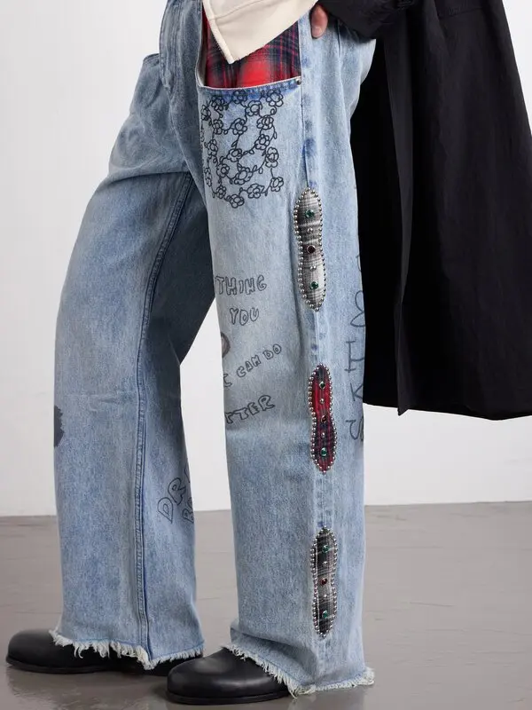 SATOSHI NAKAMOTO Wide-leg Printed Embellished Jeans