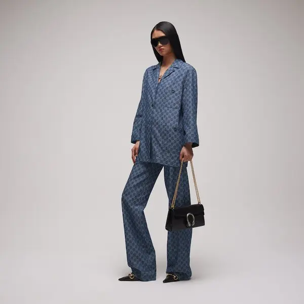 Gucci Gg Cotton Denim Jacquard Wide Leg Pants