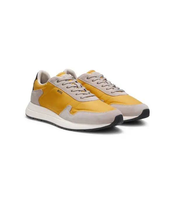 BOSS Lace-up Sneakers In Lightweight Fabric With Suede Trims - Light Yellow