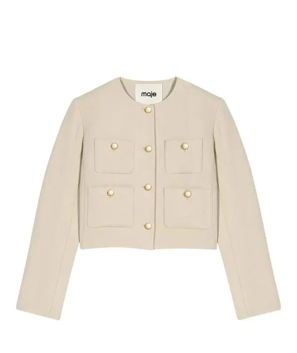 Maje Cropped Tailored Linen-blend Jacket With Gold Buttons - Beige